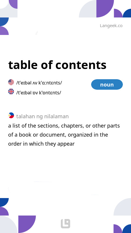 Kahulugan at Ibig Sabihin ng "Table of contents" | Larawan ng Diksyunaryo