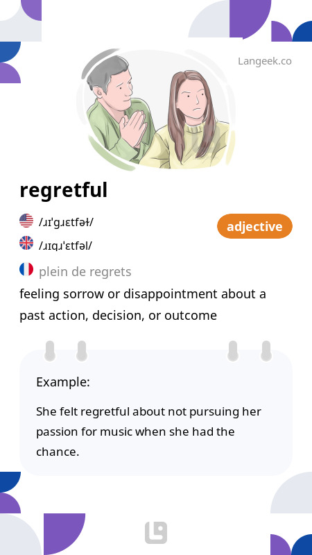 Définition et Signification de "Regretful" | Dictionnaire illustré