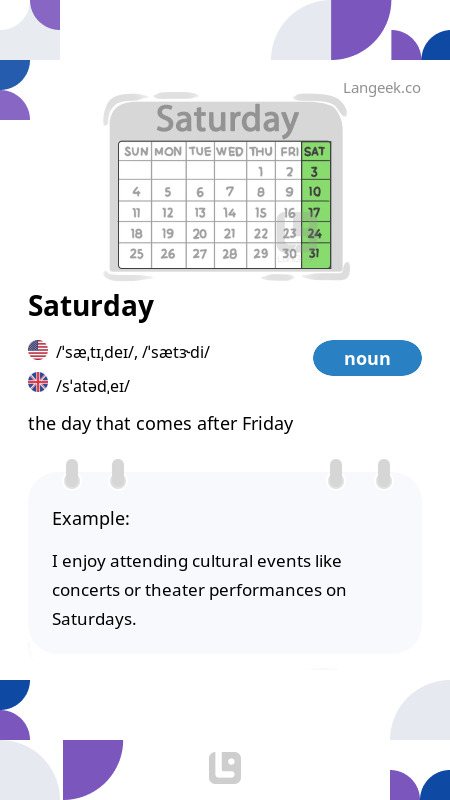 Definition & Meaning of "Saturday" | Picture Dictionary